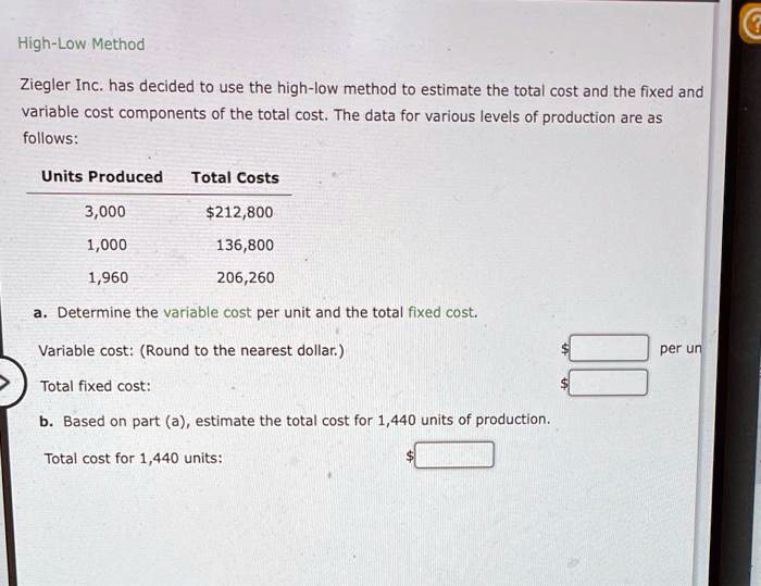 SOLVED: High-Low Method Ziegler Inc. has decided to use the high-low method to estimate the ...