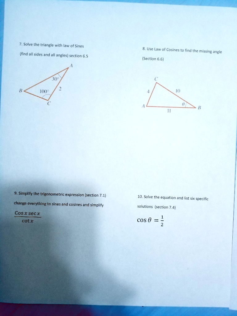 SOLVED: Soke the triangle with law of Sines Use Law of Cosines to find ...