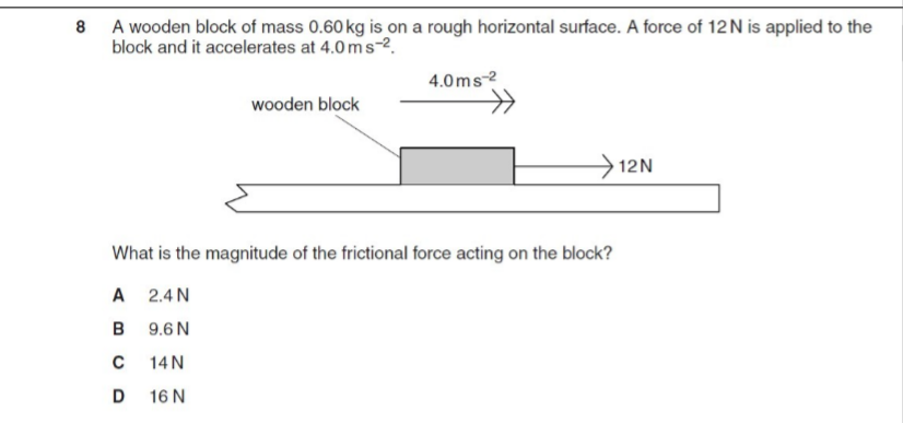 8 A wooden block of mass 0.60 kg is on a rough horizontal surface. A force of 12 N is applied to ...