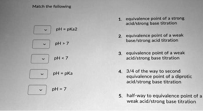 SOLVED: Match the following equivalence point of a strong acid/strong ...