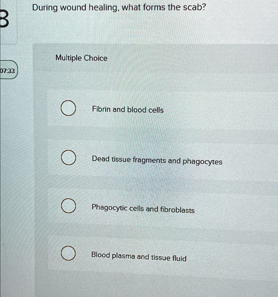 During wound healing, what forms the scab? Multiple Choice Fibrin and ...