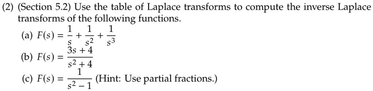 SOLVED: Section 5.2: Use the table of Laplace transforms to compute the inverse Laplace ...