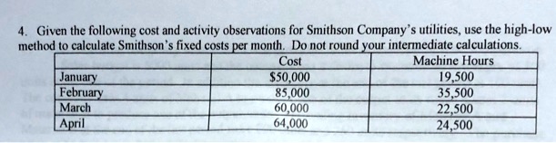 SOLVED: 4. Given the following cost and activity observations for ...