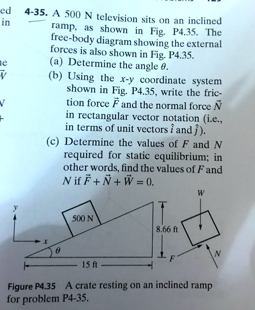 4-35. A 500 N television sits on an inclined ramp, as shown in Fig. P4 ...