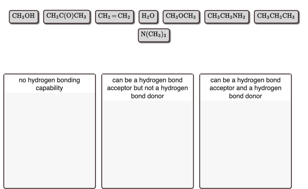 CH3OH CH3C(O)CH3 CH2 = CH2 H2O CH3OCH3 CH3CH2NH2 CH3CH2CH3 N(CH3)3 no ...