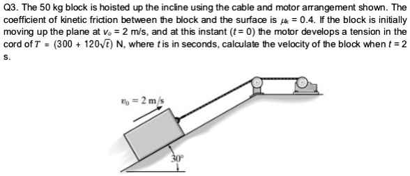 SOLVED: Q3. The 50 kg block is hoisted up the incline using the cable and motor arrangement ...