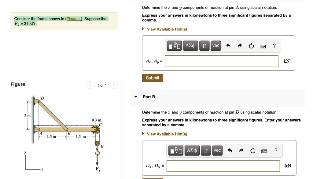 SOLVED: Determine the x and y components of reaction at pin A using scalar notation. Express ...
