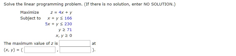 SOLVED: Solve the linear programming problem. (If there is no solution, enter NO SOLUTION ...