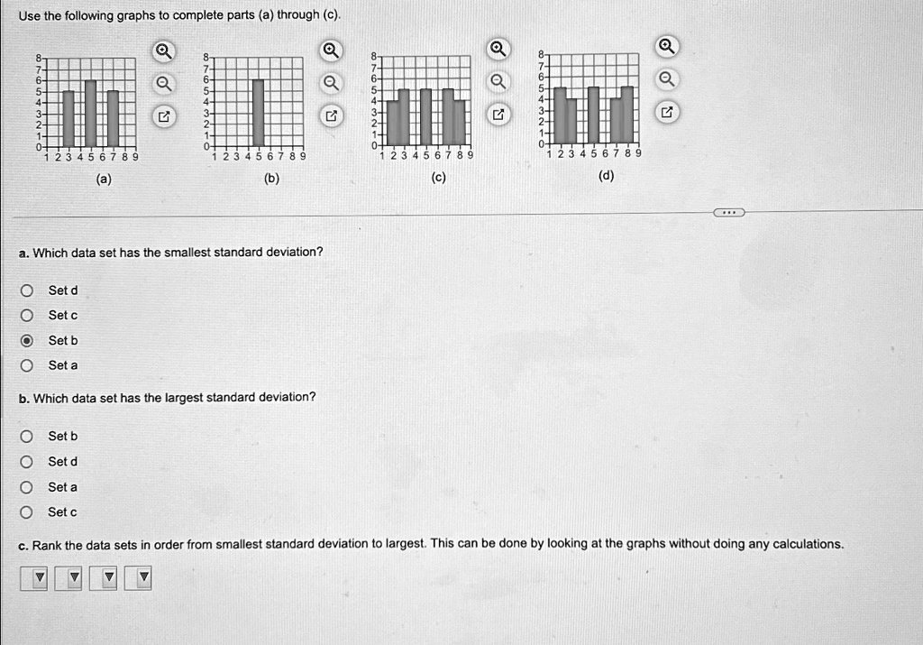 SOLVED: a. Which data set has the smallest standard deviation? Set c Set b Set a b. Which data ...