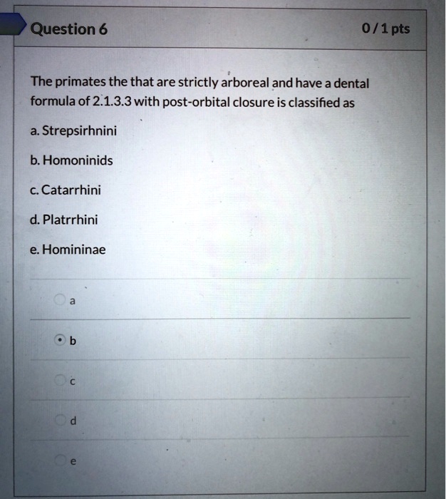 Question 6 01pts the primates the that are strictly arboreal...