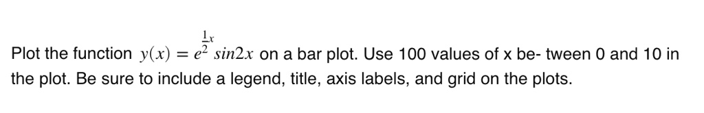 Plot the function y(x) = e^(1)/(2)xsin2x on a bar plot. Use 100 values ...