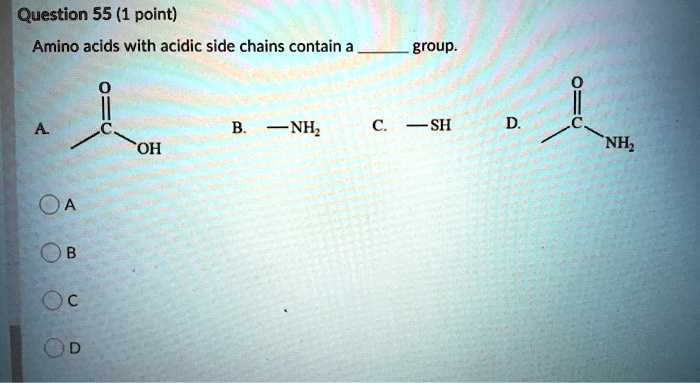 SOLVED: Question 55 (1 point) Amino acids with acidic side chains ...