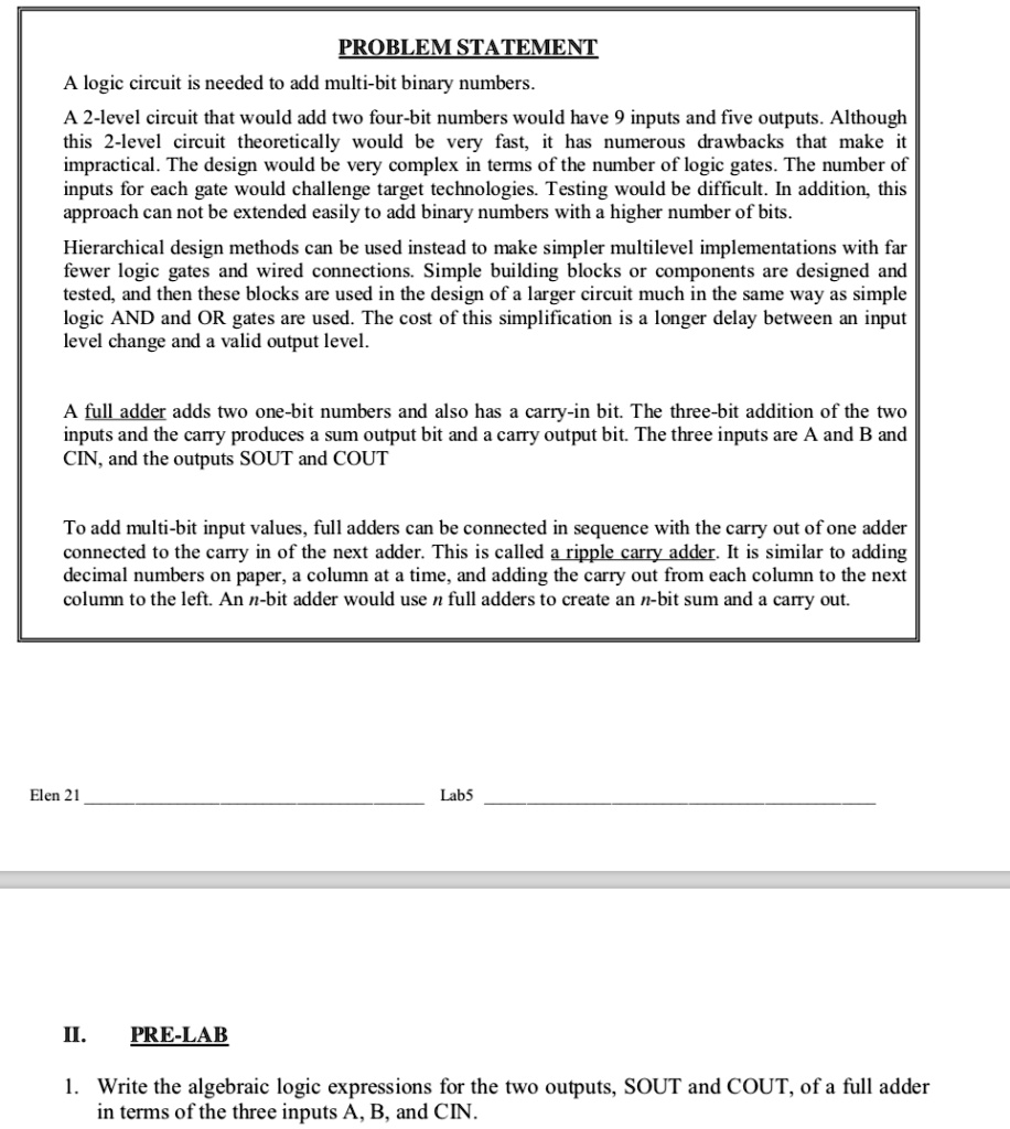 Problem Statement A Logic Circuit Is Needed To Add Multi Bit Binary