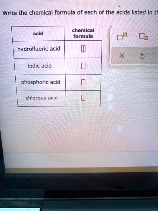 SOLVED: Write the chemical formula of each of the acids listed below ...
