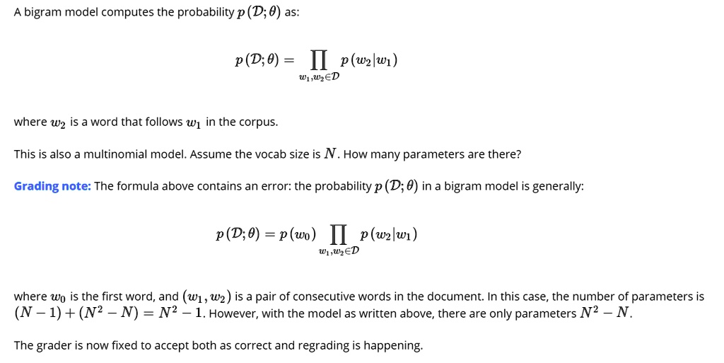 SOLVED: A bigram model computes the probability p(D; 0) as: p(D; 0) = Î ...