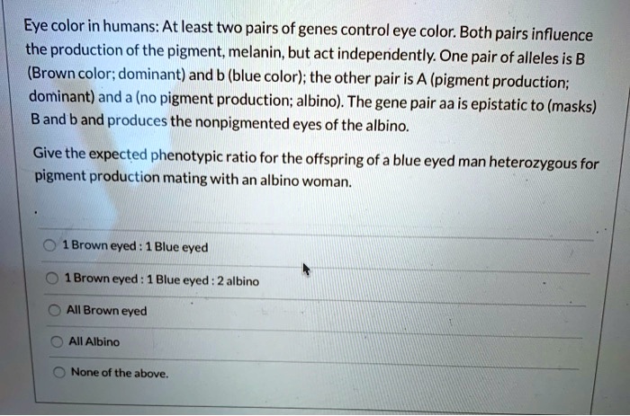 SOLVED: Eye color in humans: At least two pairs of genes control eye ...