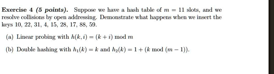 SOLVED: Exercise 4 (5 points): Suppose we have a hash table of m = 11 slots, and we resolve ...