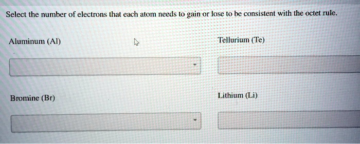SOLVED: Select the number of electrons that each atom needs t0 gain ...