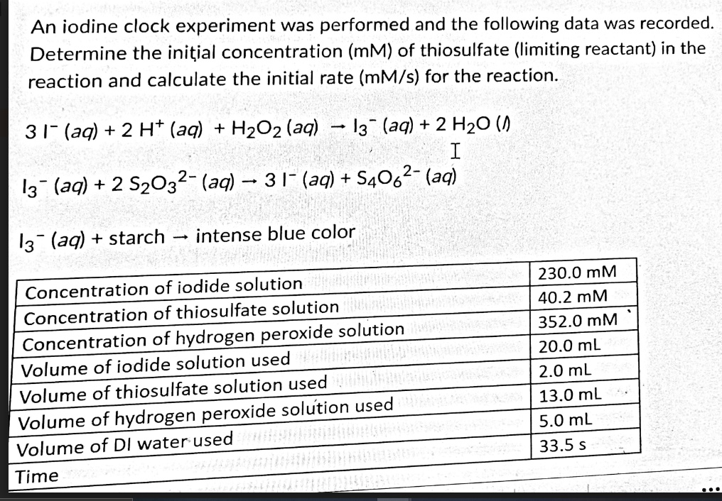 SOLVED: An iodine clock experiment was performed, and the following ...