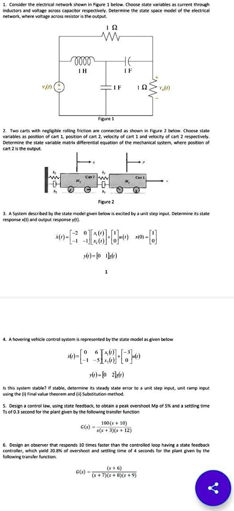 SOLVED: Consider the electrical network shown in Figure 1 below. Choose state variables as the ...