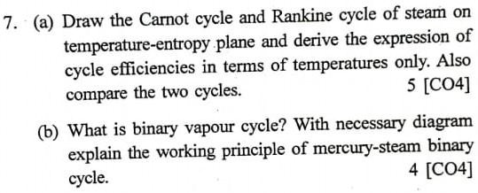 7. (a) Draw the Carnot cycle and Rankine cycle of steam on temperature-entropy plane and derive ...