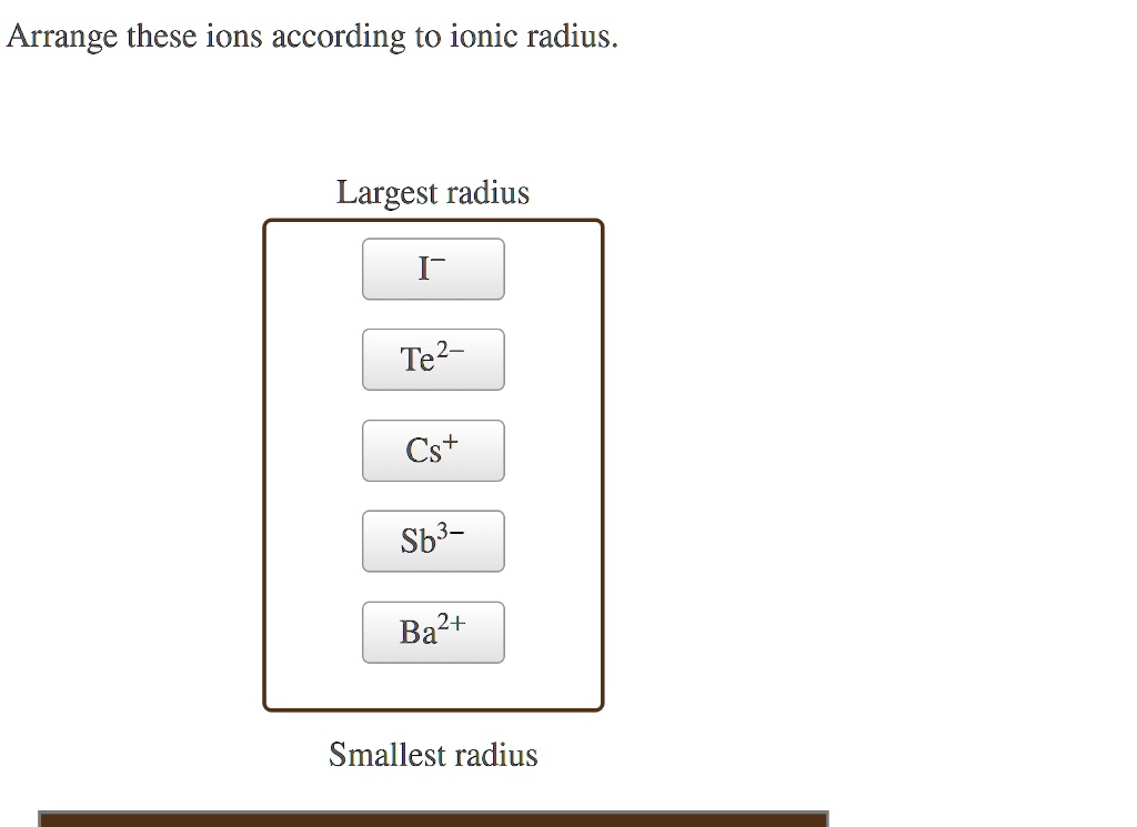SOLVED: Arrange these ions according to ionic radius. Largest radius ... SOLVED: Arrange these ions according to ionic radius. Largest radius ...
