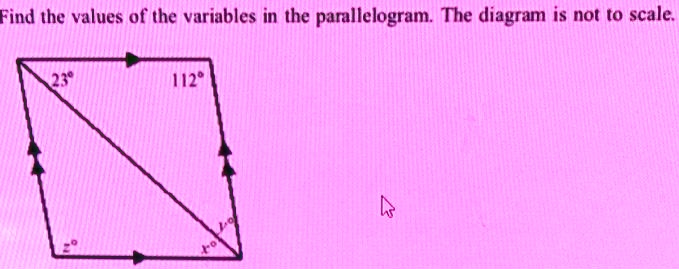 SOLVED: Find the values of the variables in the parallelogram The diagram is not to scale 112"