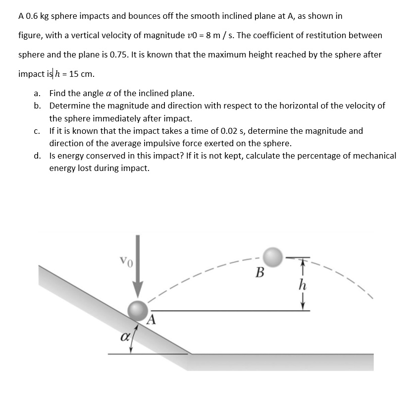 A 0.6 kg sphere impacts and bounces off the smooth inclined plane at A ...