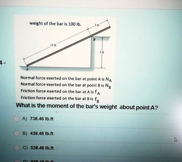 SOLVED: The weight of the bar is 100 lb. The normal force exerted on ...