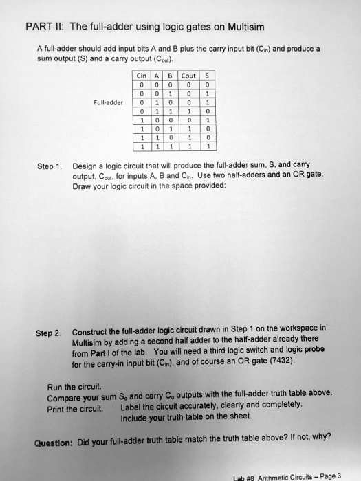 Solved Part Ii The Full Adder Using Logic Gates On Multisim A Full Adder Should Add Input Bits