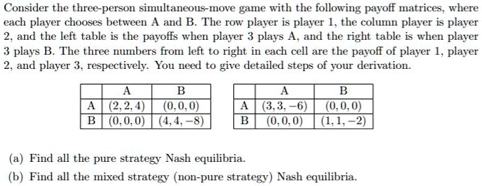 SOLVED: Consider the three-person simultaneous-move game with the following payoff matrices ...