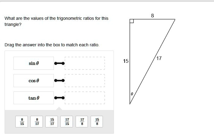 What are the values of the trigonometric ratios for this triangle? Drag the answer into the box ...