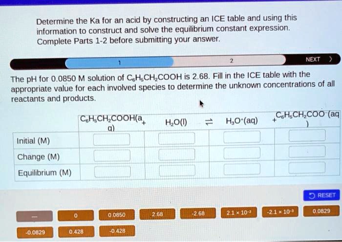 SOLVED: Determine the Ka for an acid by constructing an ICE table and using this information to ...