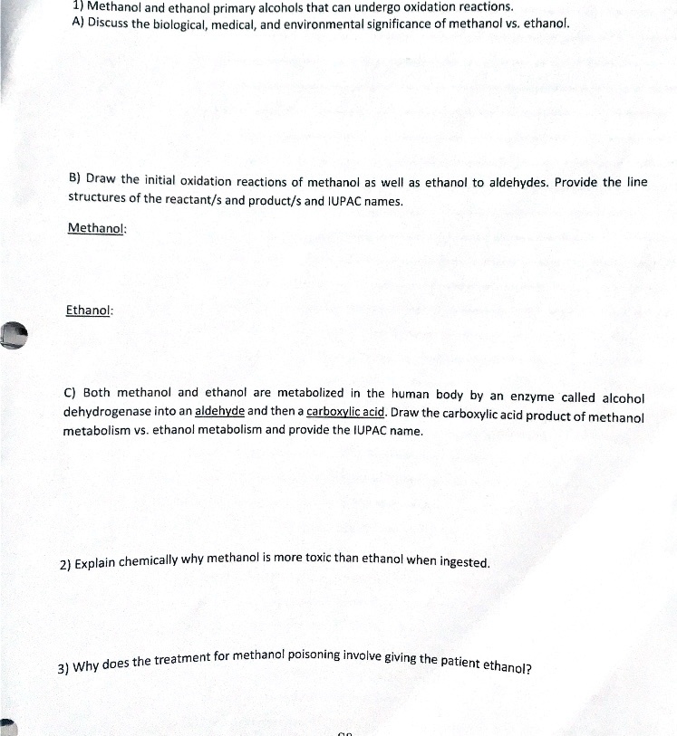 SOLVED: 1 Methanol and ethanol primary alcohols that can undergo ...