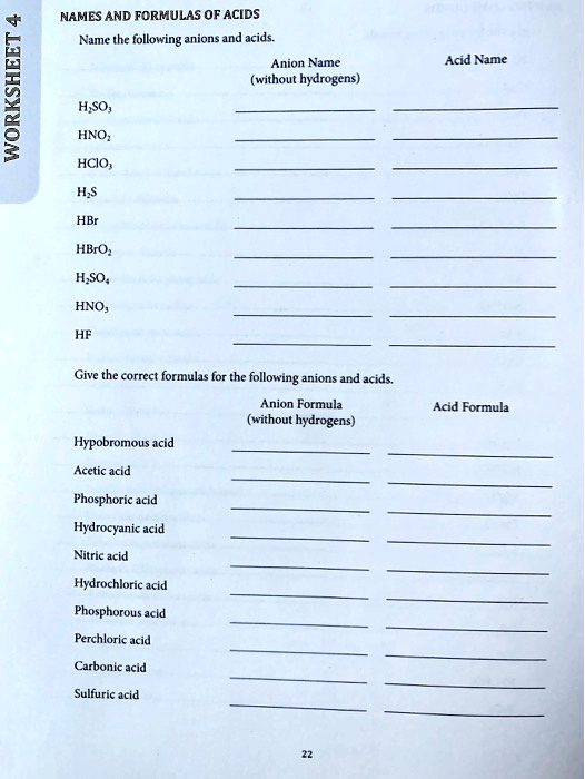 [GET ANSWER] WORKSHEET 4 NAMES AND FORMULAS OF ACIDS Name the following ...