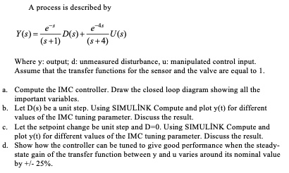 A process is described by Y(s) = (e^-s)/((s+1))D(s) + (e^-4s)/((s+4))U ...
