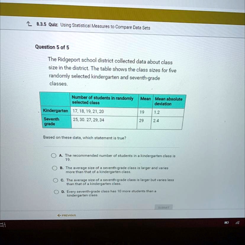 The Ridgeport school district collected data about class size in the district. The table shows ...