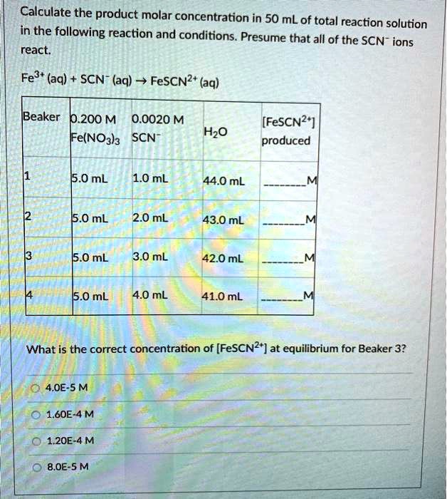 SOLVED: Calculate the product molar concentration in 50 mLof total reaction solution in the ...