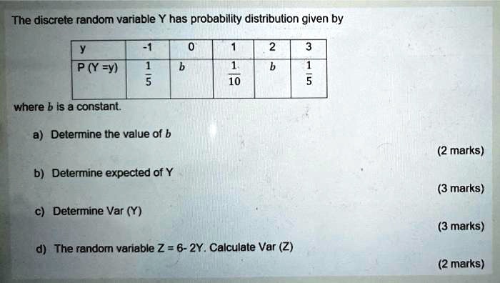 SOLVED: The discrete random variable Y has probability distribution given by P (Y =y) 10 where b ...
