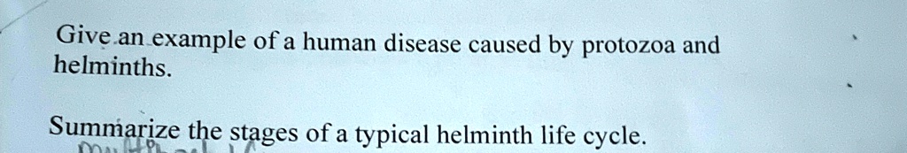 give an example of a human disease caused by protozoa and helminths ...