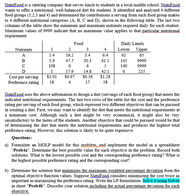 SOLVED: Texts: Please show MOLP model formula and Excel solver screenshots. NutriFood is a ...