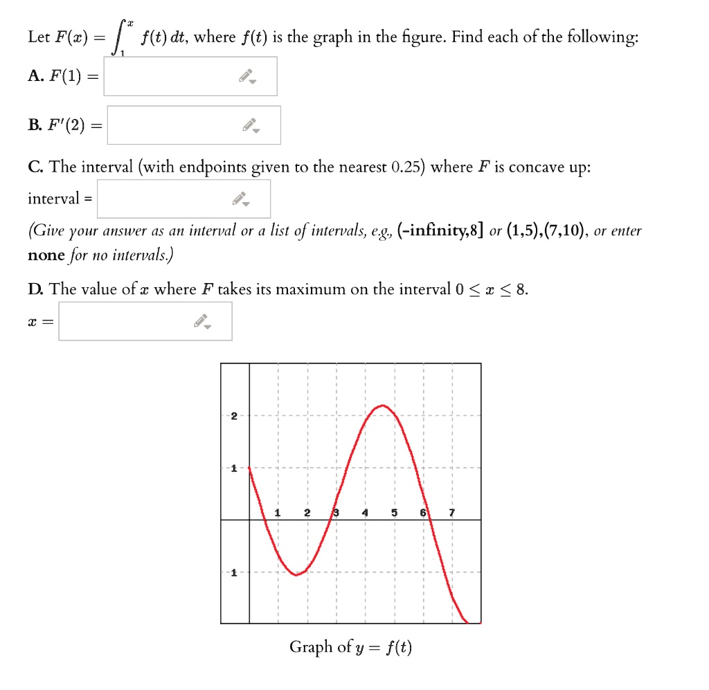 SOLVED: Let F(c) = âˆ« f(t) dt, where f(t) is the graph in the figure ...