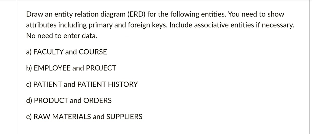 Draw an entity relation diagram (ERD) for the following...