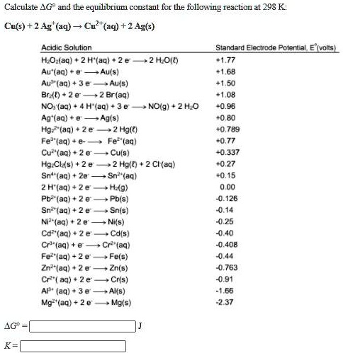 SOLVED: Calculate Î”GÂ° and the equilibrium constant for the following reaction at 298K: Cu(s ...