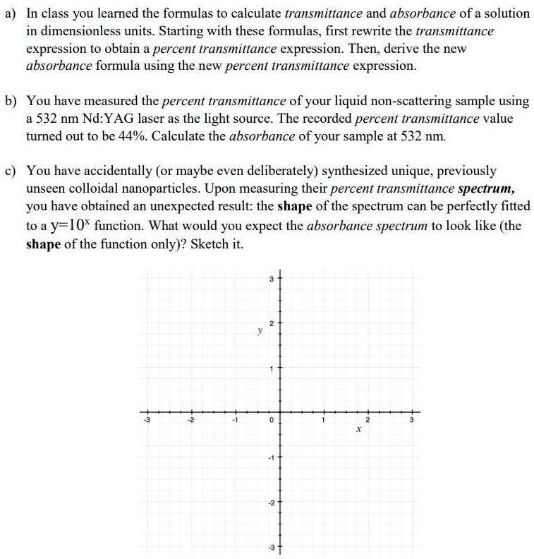 SOLVED: a In class you learned the formulas to calculate transmittance and absorbance of a ...