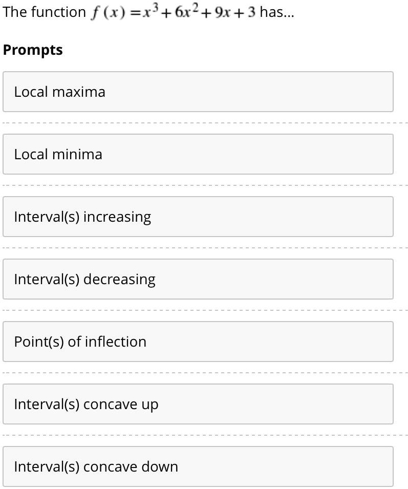 SOLVED: The function f(x) = 33 + 6x^2 + 9x + 3 has: - Local maxima - Local minima - Interval(s ...