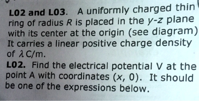 L02 and L03. A uniformly charged thin ring of radius R is placed in the ...