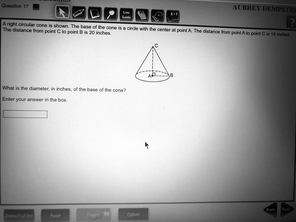 A right circular cone is shown. The base of the cone is a circle with ...