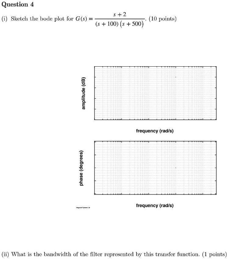 SOLVED: Question 4 s+2 (i Sketch the bode plot for Gs= amplitude (dB) frequency (rad/s phase ...