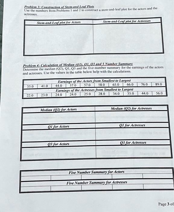 SOLVED: Problem 3: Construction of Stem-and Leaf Plots Use the numbers ...